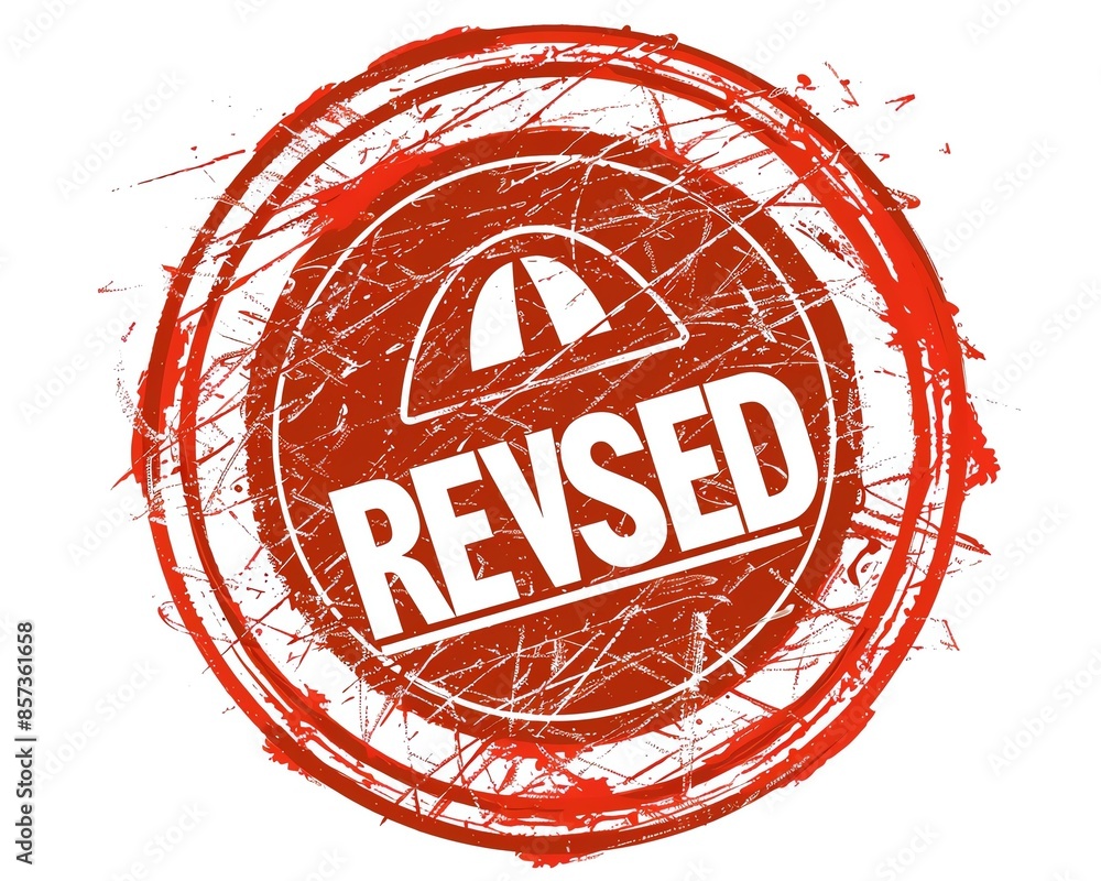 Red REVISED stamp with bold lettering, white background, Revised ...