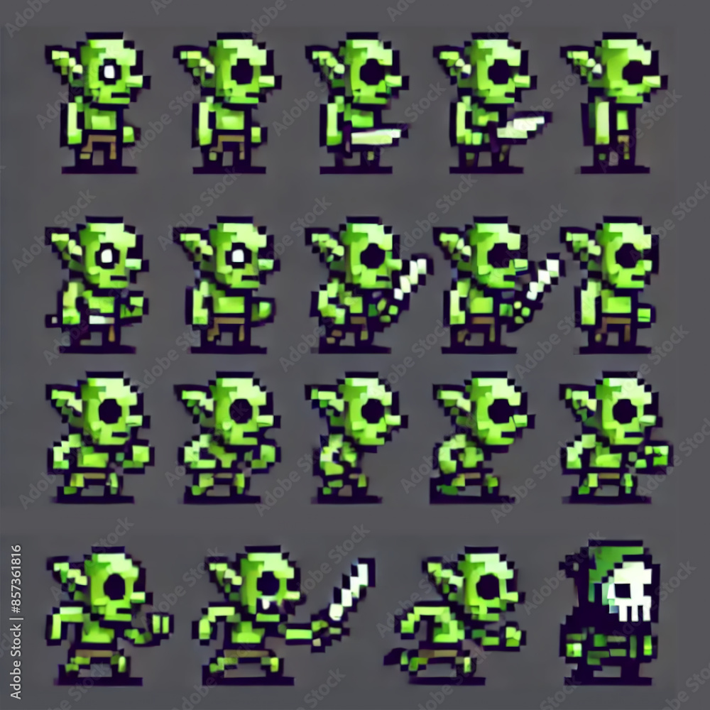 Pixel art sprite sheet featuring a goblin with green skin Stock ...