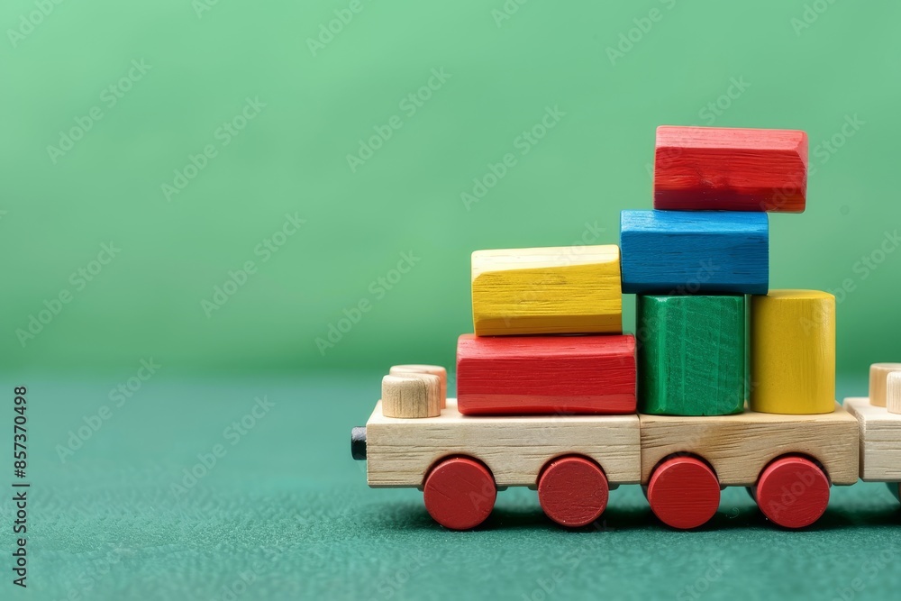 Toy train with blocks on green background Stock Photo | Adobe Stock