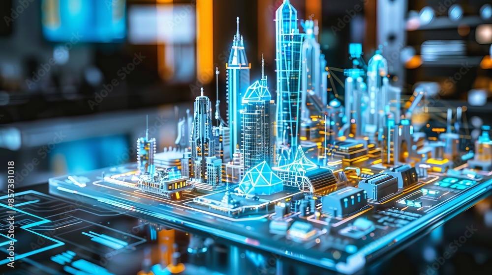 Detailed model of a futuristic city on a desktop, with small figures ...