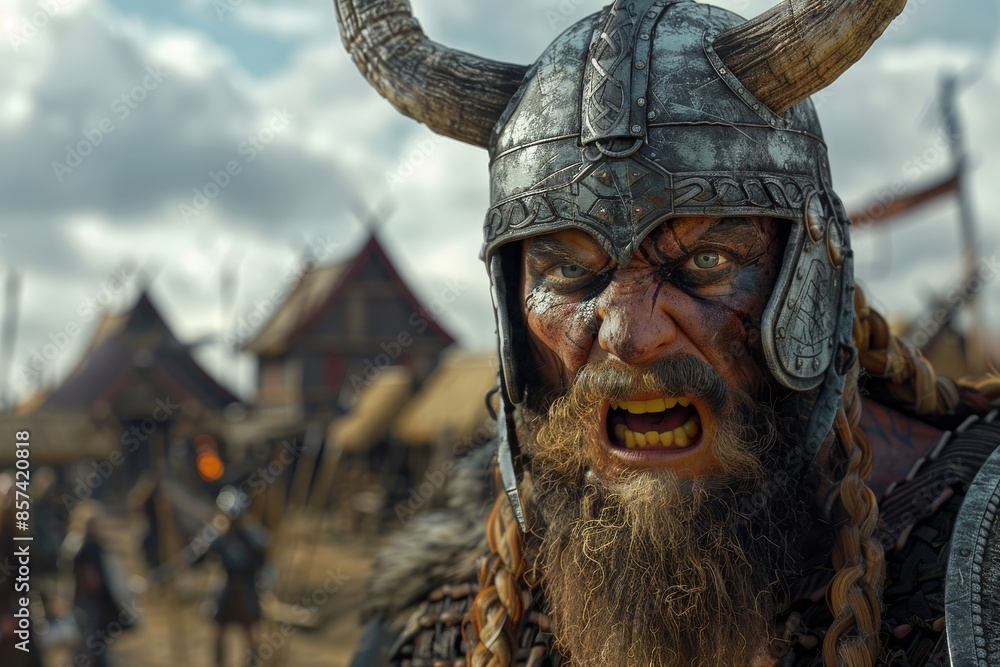 A fierce Viking warrior with a horned helmet and war paint, roaring on ...