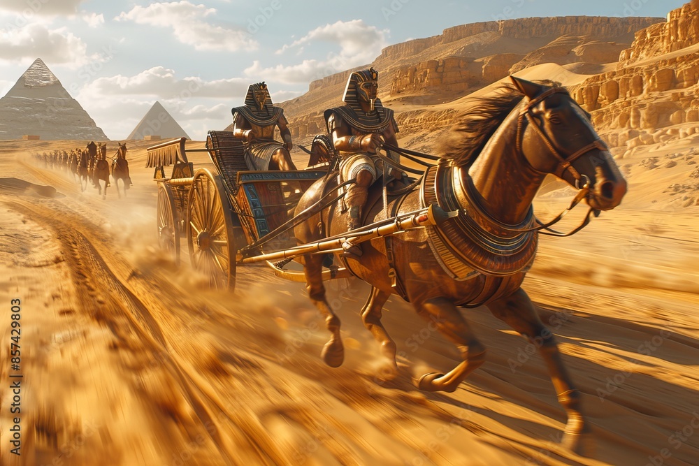 Ancient Egyptian chariots race through the desert near the pyramids ...
