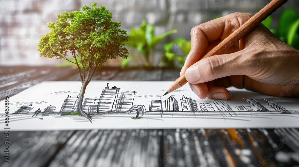 Person sketching a sustainable green city concept with eco friendly ...