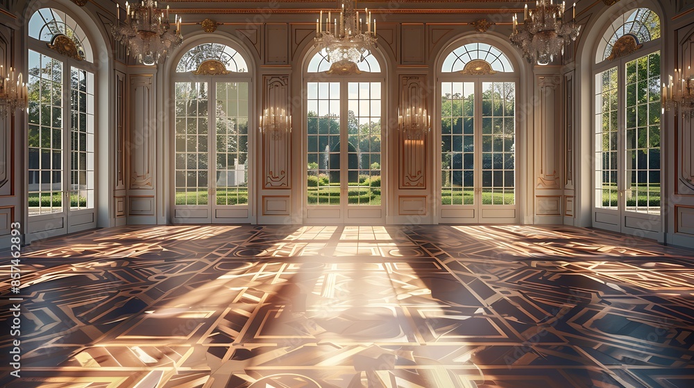 grand ballroom in a private residence with crystal chandeliers, an ...