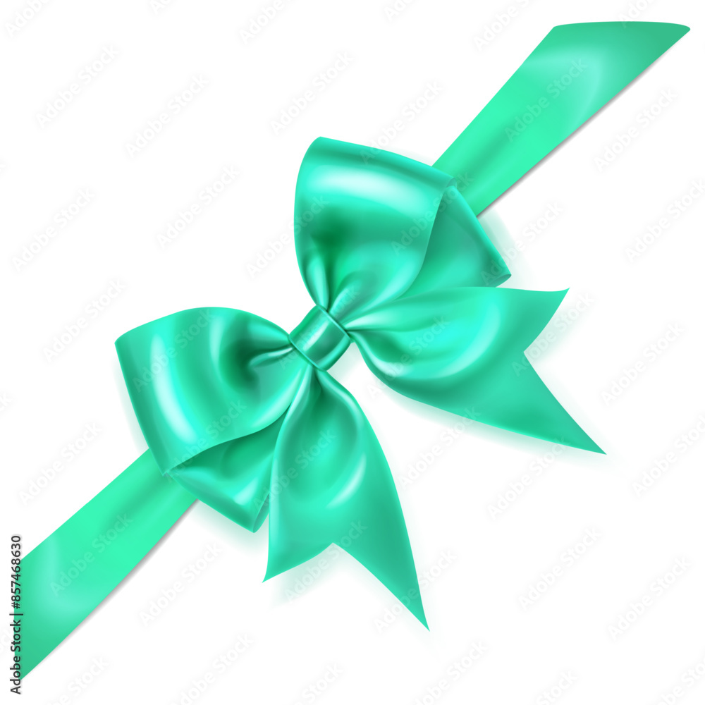 Beautiful large turquoise bow with diagonal ribbon and soft shadow on ...