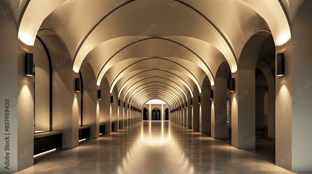 interior corridor with arched ceilings and recessed lighting, designed ...
