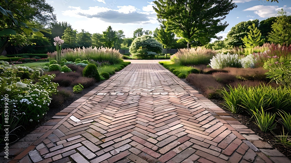 detailed view of a classic herringbone brick pathway leading to a ...