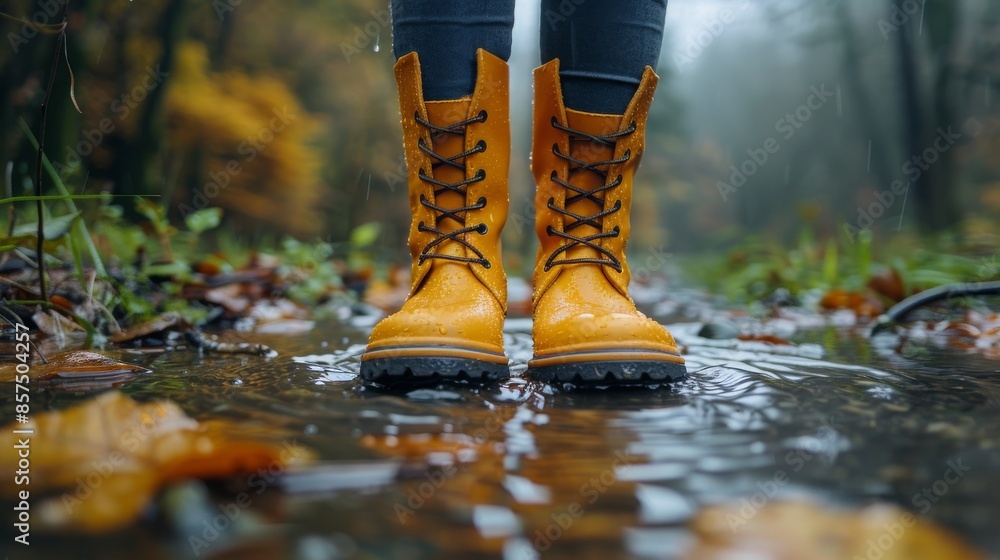 Bright yellow rain boots standing firmly in a muddy, waterlogged ...