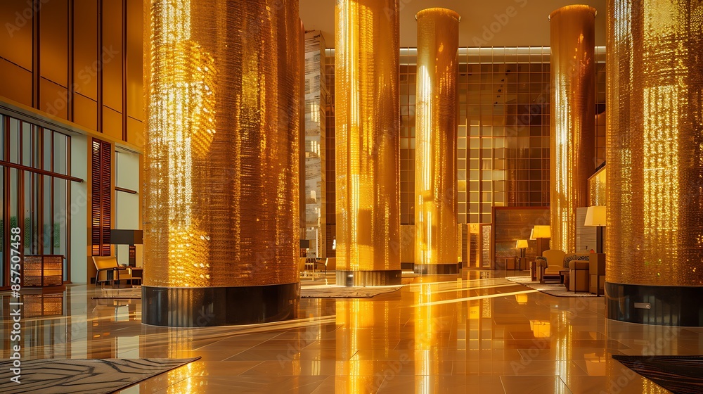 luxury hotel lobby with grand pillars clad in golden mosaic tiles ...
