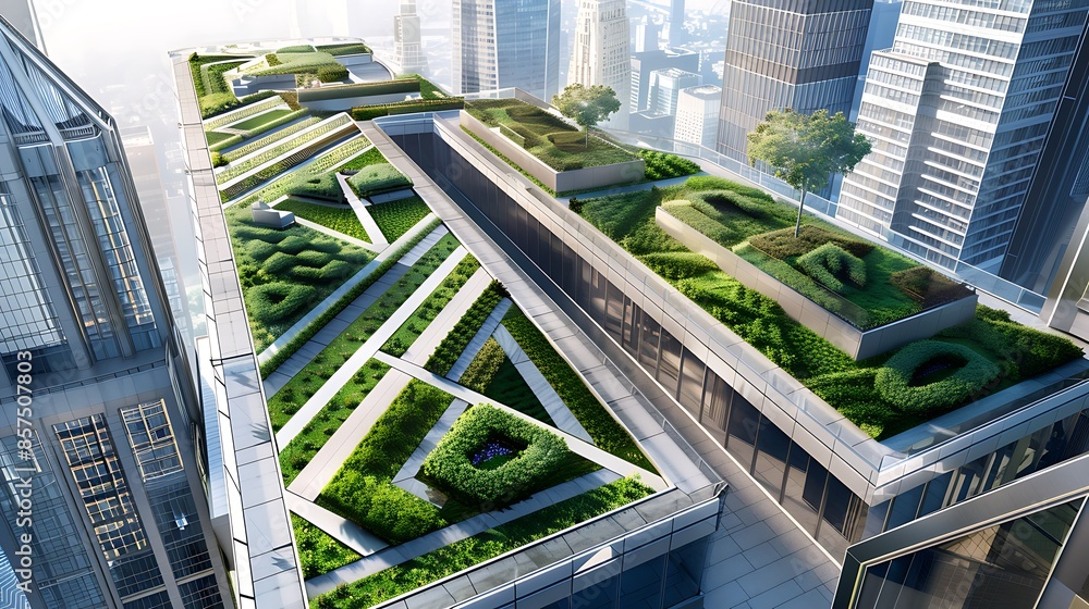 meticulously designed roof garden on a high-rise, featuring patterned ...