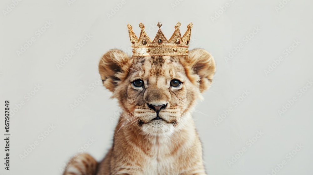 Adorable lion cub wearing gold crown on white background Stock Photo ...