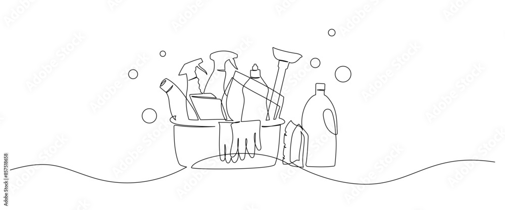 Bucket with cleaning supplies in one continuous line drawing. Cleanup ...