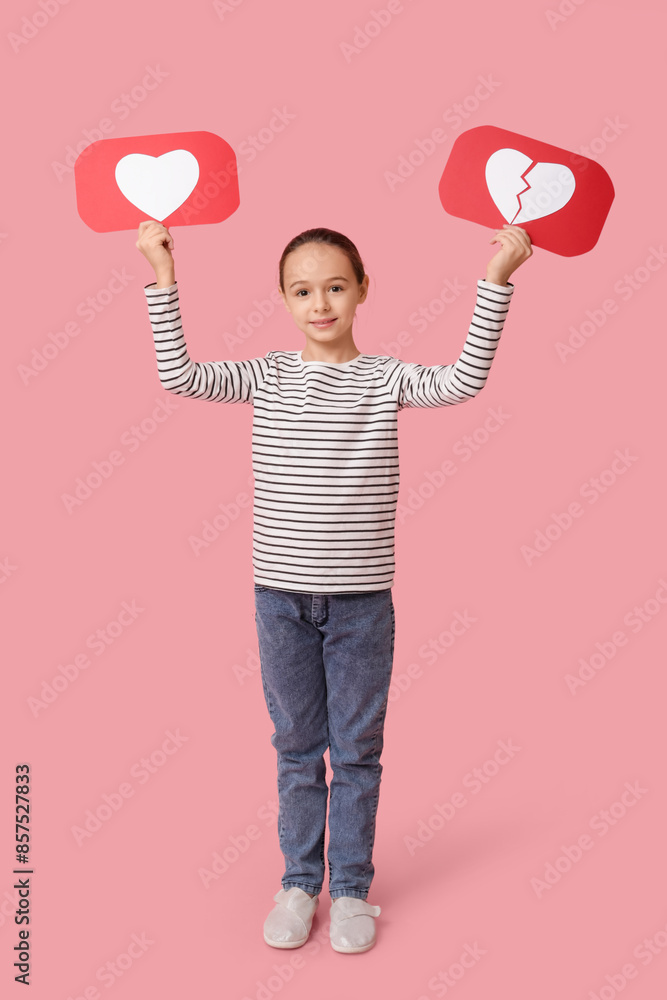 Little girl with heart like and dislike icons on pink background Stock ...