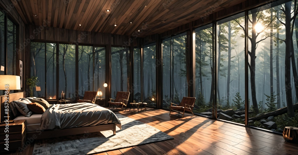 interior of modern cabin bed room in secluded forest woods. interior ...