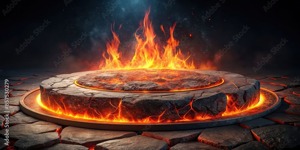 Empty circular fire stone podium platform surrounded by molten lava and ...
