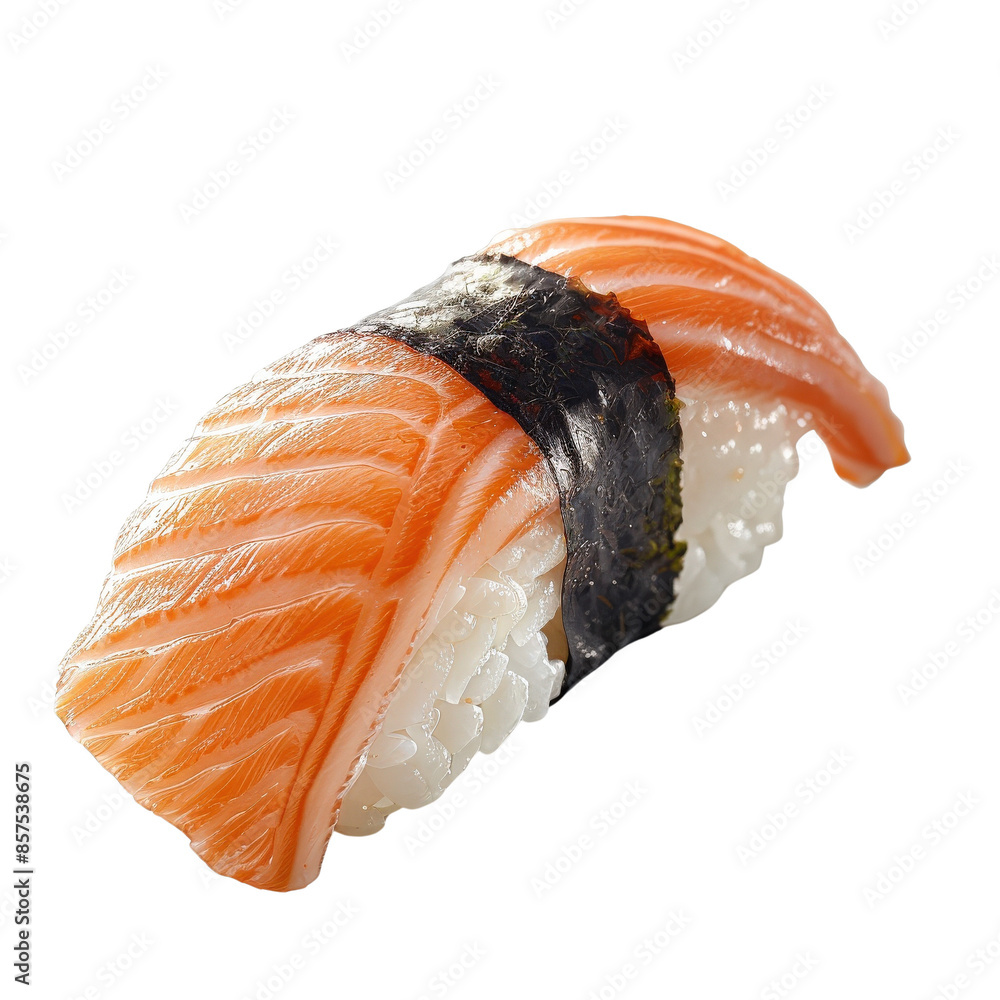 Fresh salmon nigiri sushi with a slice of salmon atop vinegared rice ...