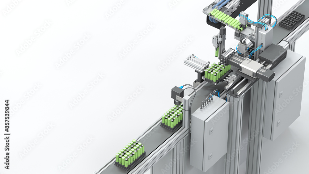 Assembly line with robots and servos on a white background with copy ...