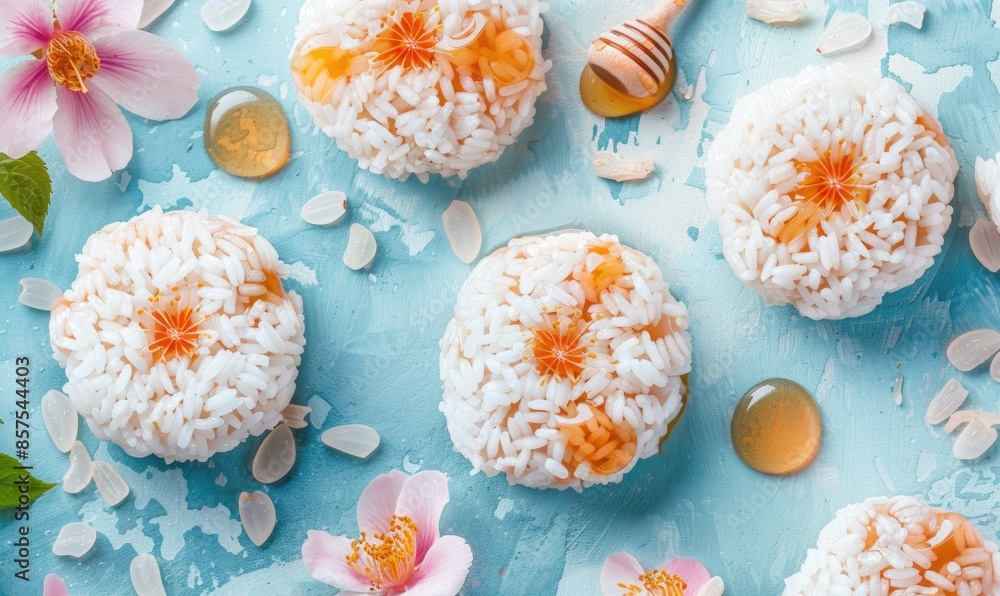Rosewater rice cakes with honey syrup on a light blue background Stock ...