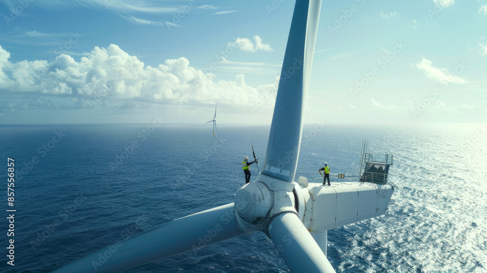 Engineers working at top of wind turbine in sea, workers perform ...