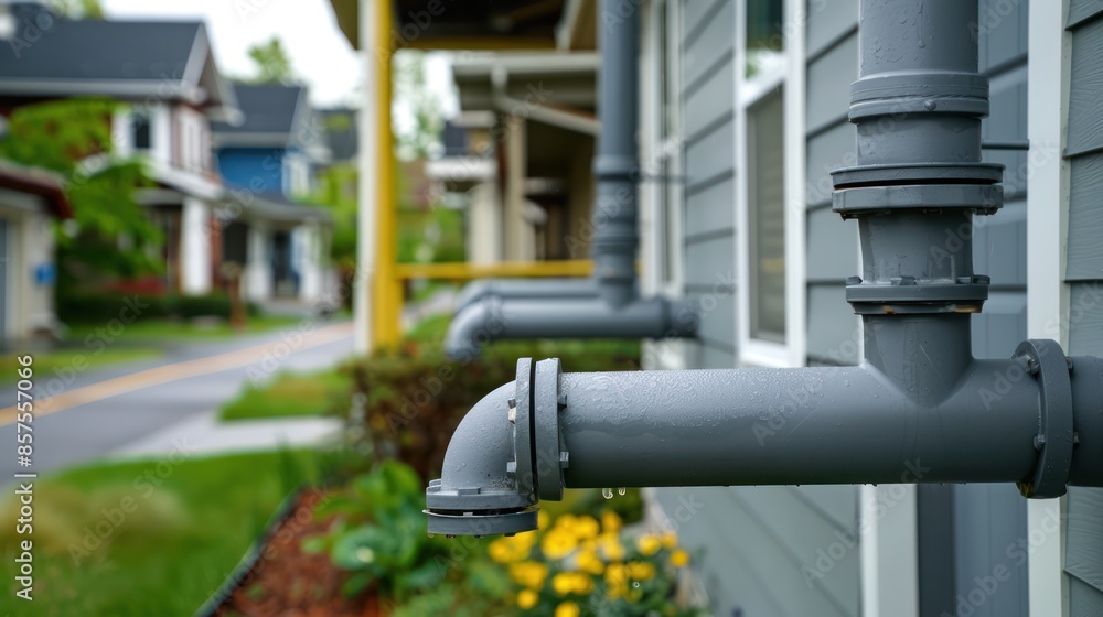 House PVC pipes drain rainwater from the roof. Stock Photo | Adobe Stock
