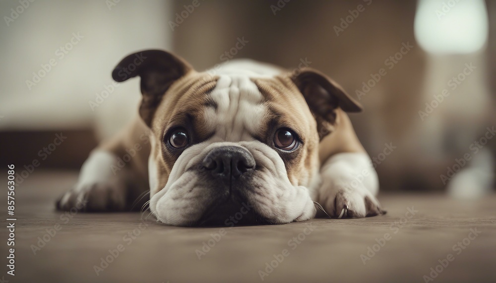The image displays an adorable brown and white bulldog lying on its ...