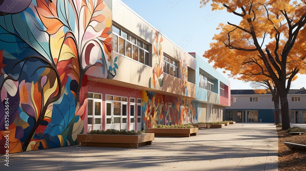 The exterior of a community center with a colorful paper art mural ...