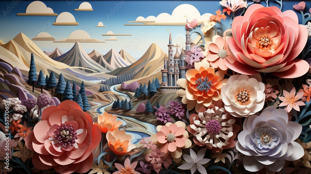 A detailed paper art scene of a historic castle and its grounds, with ...