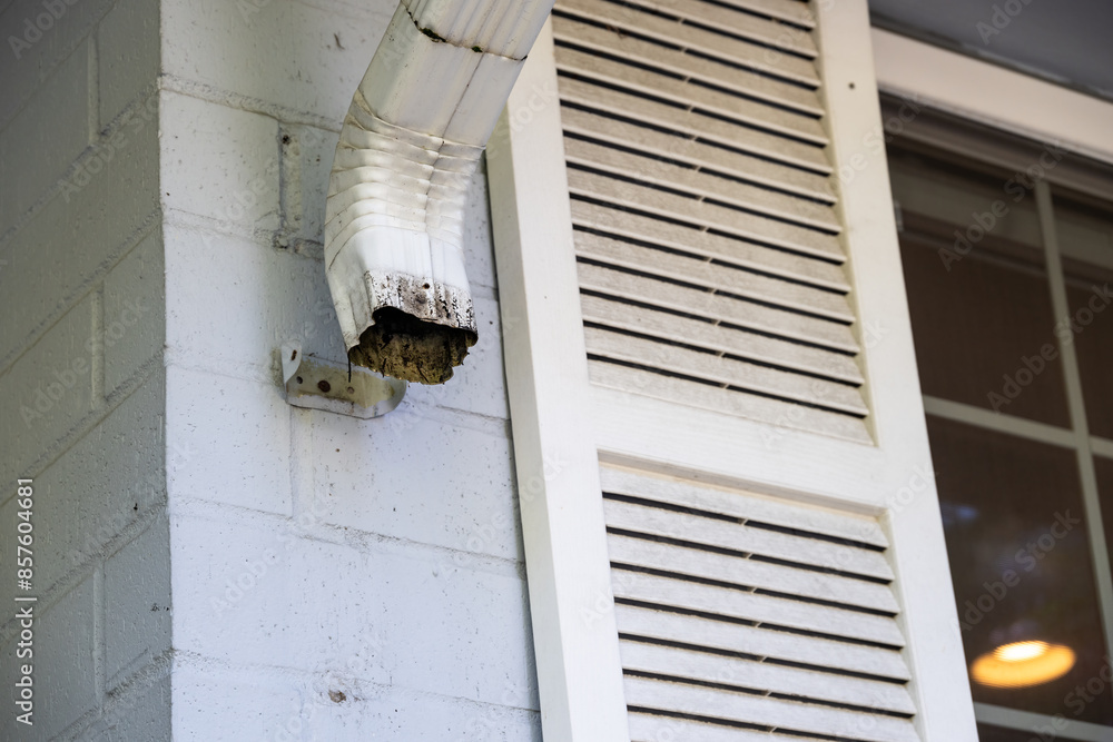 Closeup of rectangular white metal rainwater downspout detached from ...