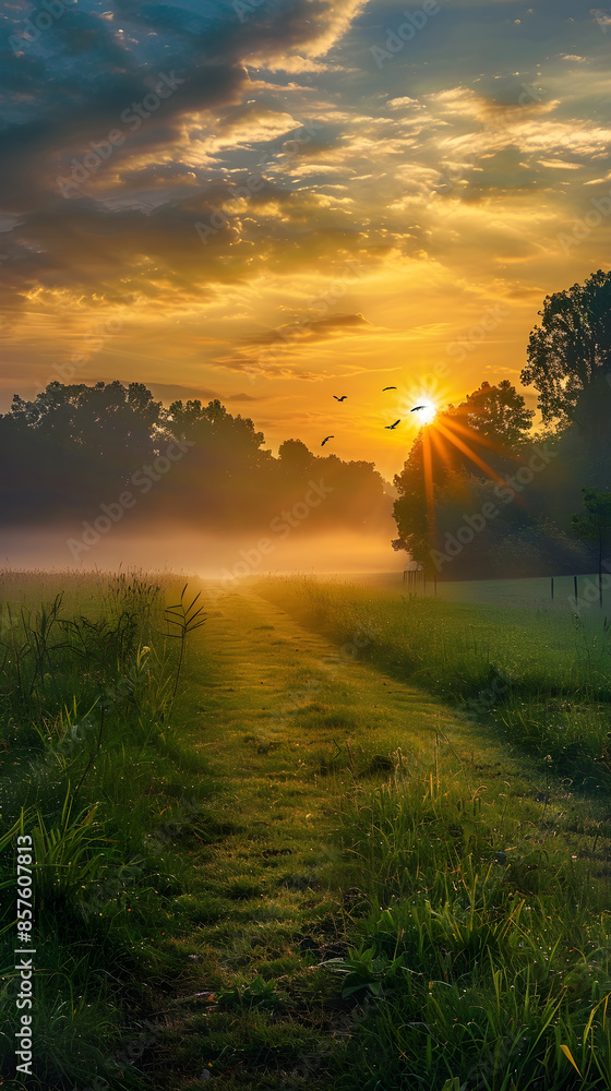 Serene Morning Landscape with Golden Sun Rays and Misty Atmosphere ...