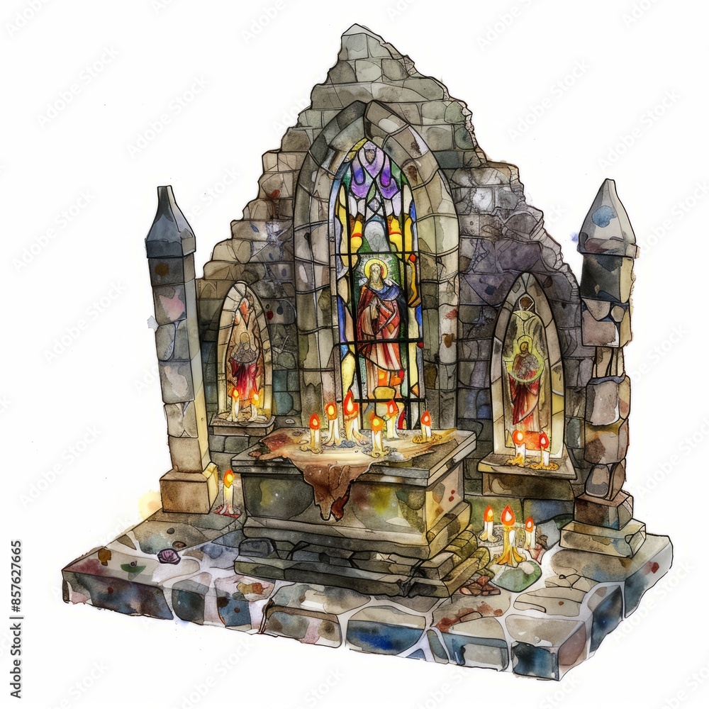 Watercolor painting of a dungeon chapel, with broken stained glass ...
