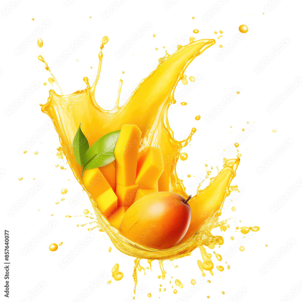 Mango slice with mango juice splash isolated on transparent background ...