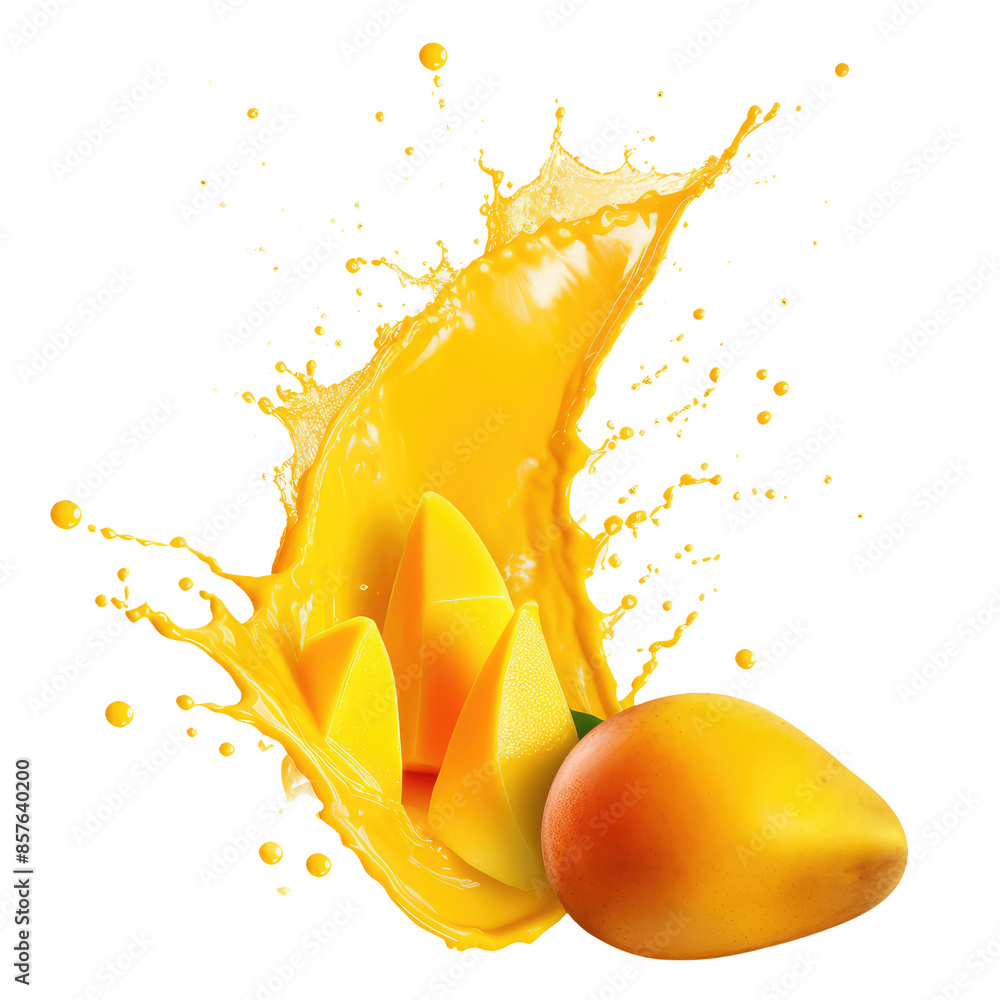 Mango slice with mango juice splash isolated on transparent background ...