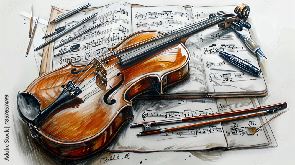 The realistic sketch of musical instrument violin on the music note ...