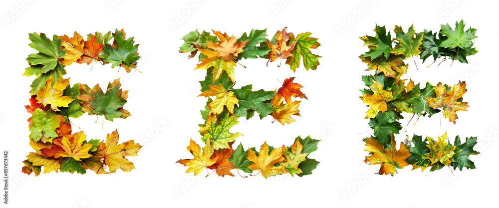 Set of Autumn leaves forming the letter E, top view. Alphabet art using ...