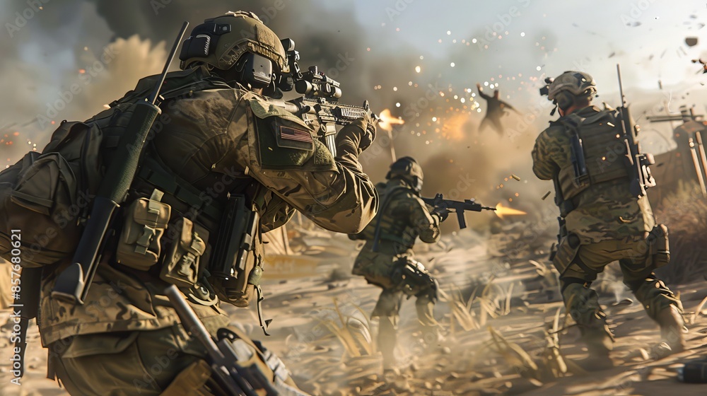 Intense battlefield from a first-person shooter perspective, soldiers ...