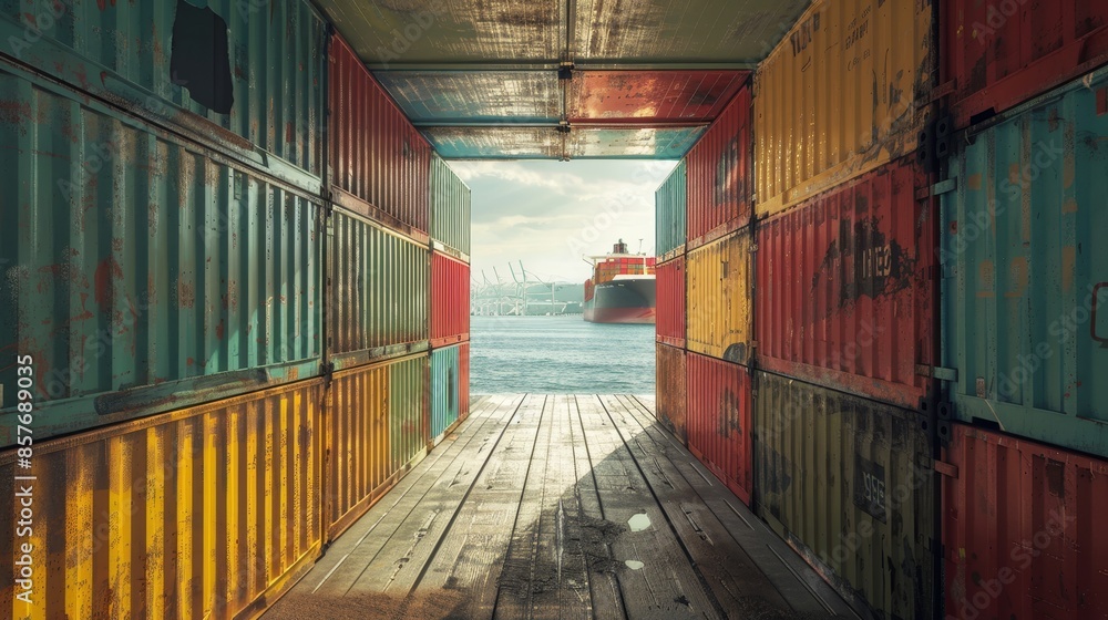 Containers boxes in a long warehouse tunnel, with a cargo freight ship ...