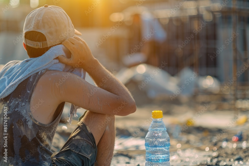 Heat wave, construction workers in hot weather,hot weather shines a ...