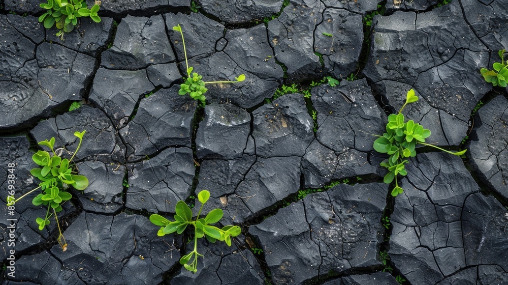 Aged cracked gray black pavement with texture green shoots rough broken ...