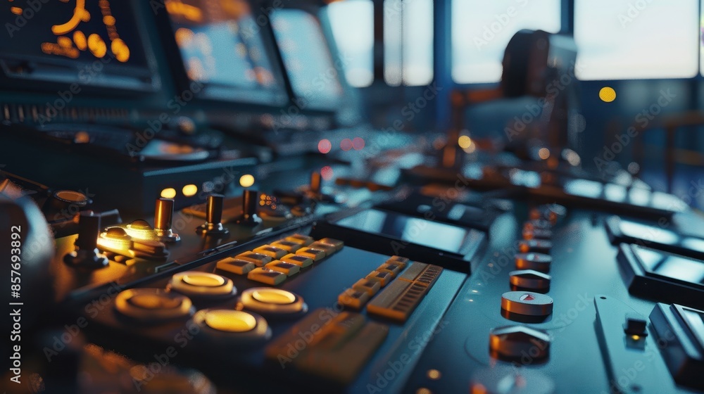 Control room of cargo ship close up realistic overlay navigation bridge ...