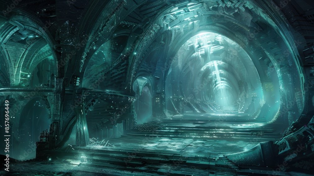 Mystical underground chamber with eerie blue lighting, featuring gothic ...