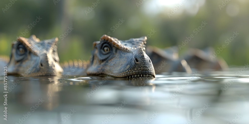 Ilustración de Stock Dinosaur families cooling off in swamp Spinosaurus ...