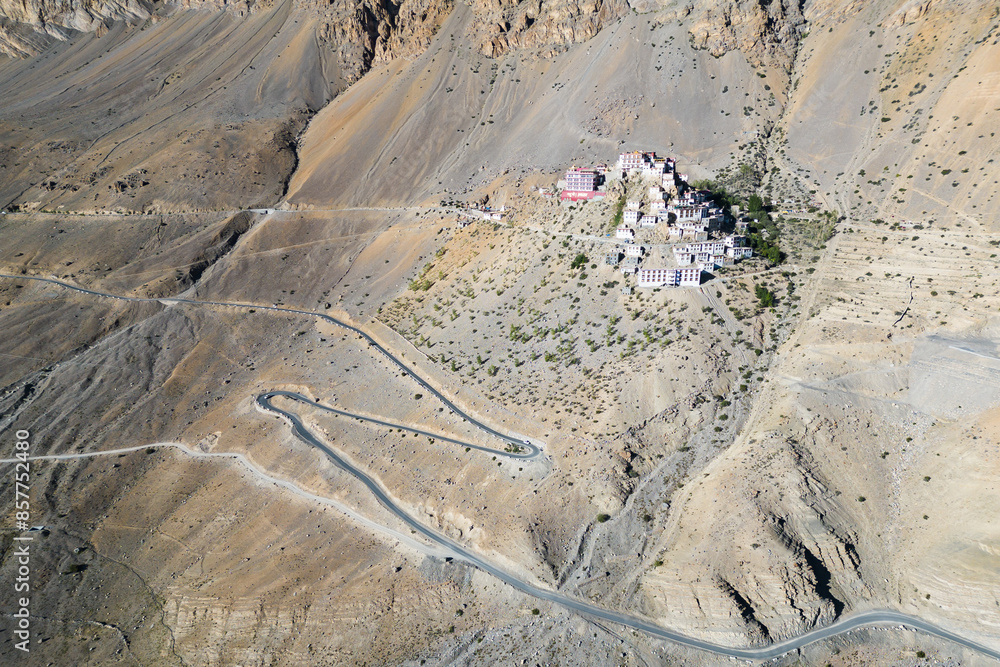 Picturesque Kee Monastery atop hill, grand mountains in distance, Spiti ...