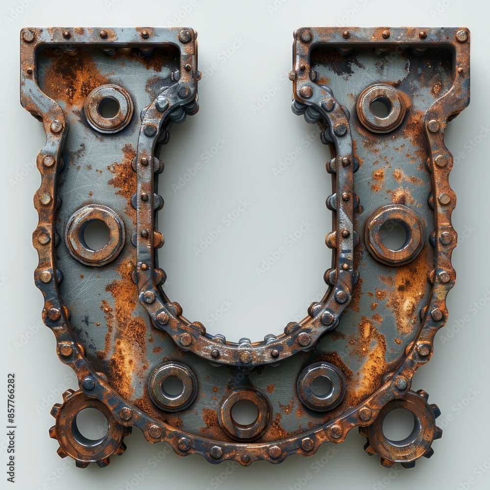 rusty letter U crafted entirely out of interconnected gears ...