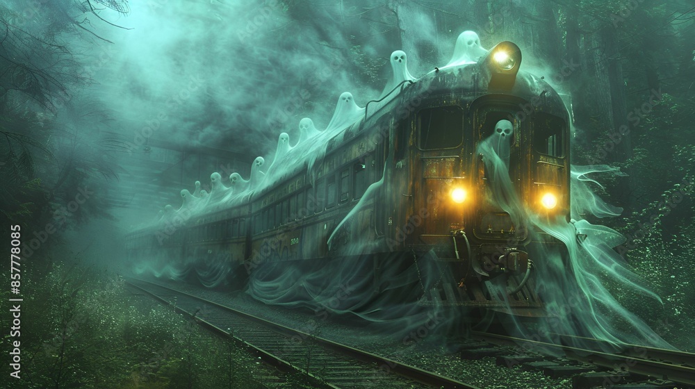 A ghostly train, shrouded in mist, glides eerily through a dense, foggy forest, with spectral ...