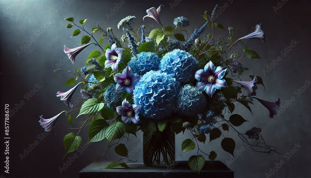 Bouquet of 'Nikko Blue' hydrangeas, trumpet vines, and evergreen ...