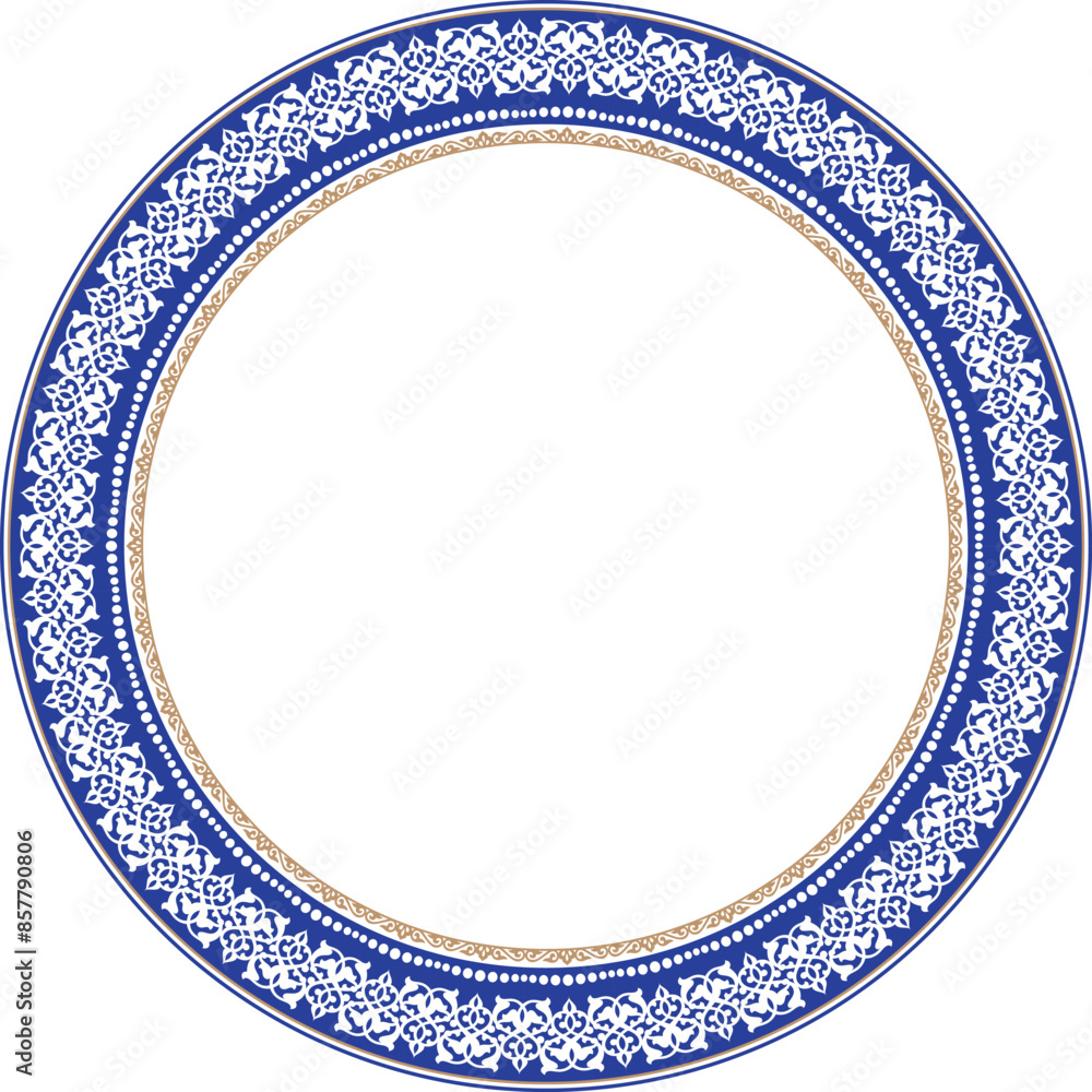 Vector blue and gold round Kazakh national ornament. Ethnic pattern of ...