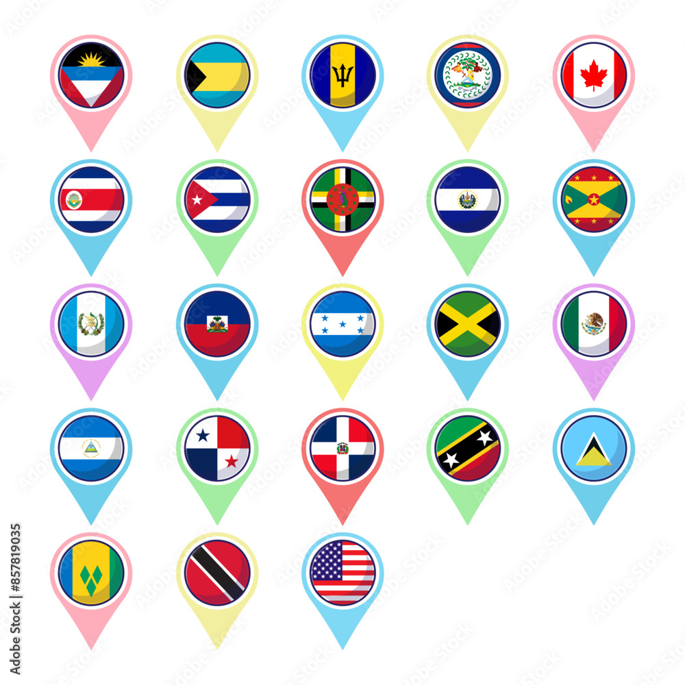 North american continent flags. Flat vector map element design, travel ...
