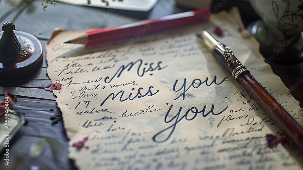 Handwritten Letter with the Words "I Miss You" in Cursive on Sketch ...