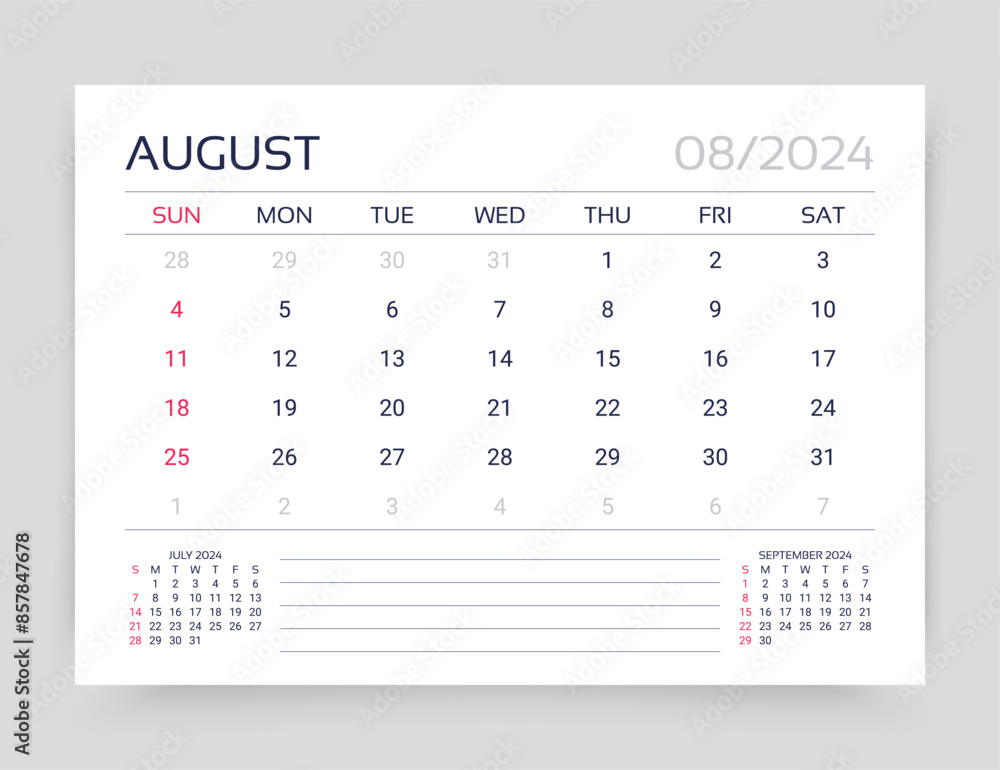 August 2024 year calendar. Week starts Sunday. Planner calender ...