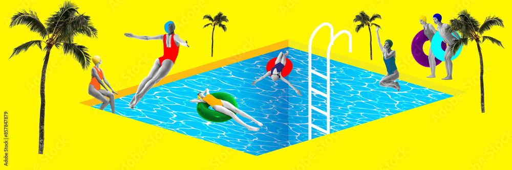 Contemporary art collage. Young girl in retro swimsuits jumping into ...